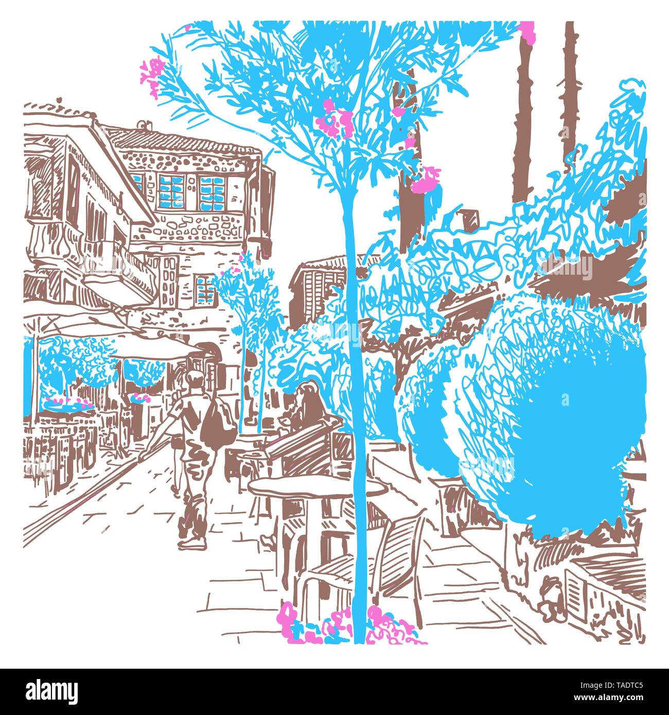 digital sketch drawing of old town cityscape in Antalya, Tyrkey Stock ...