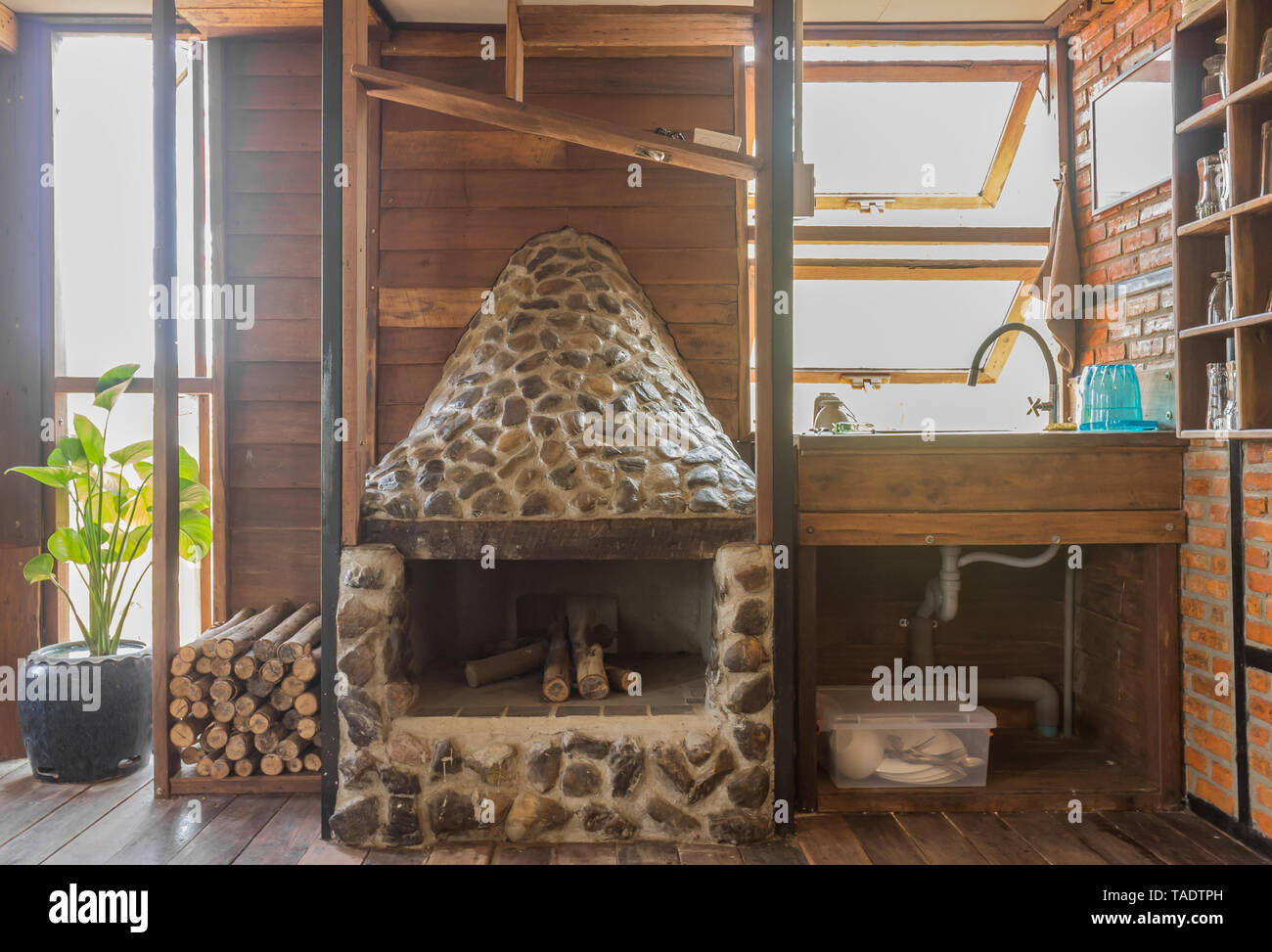 Fireplace and Sink in Country Loft Interior Design Room. Interior ...