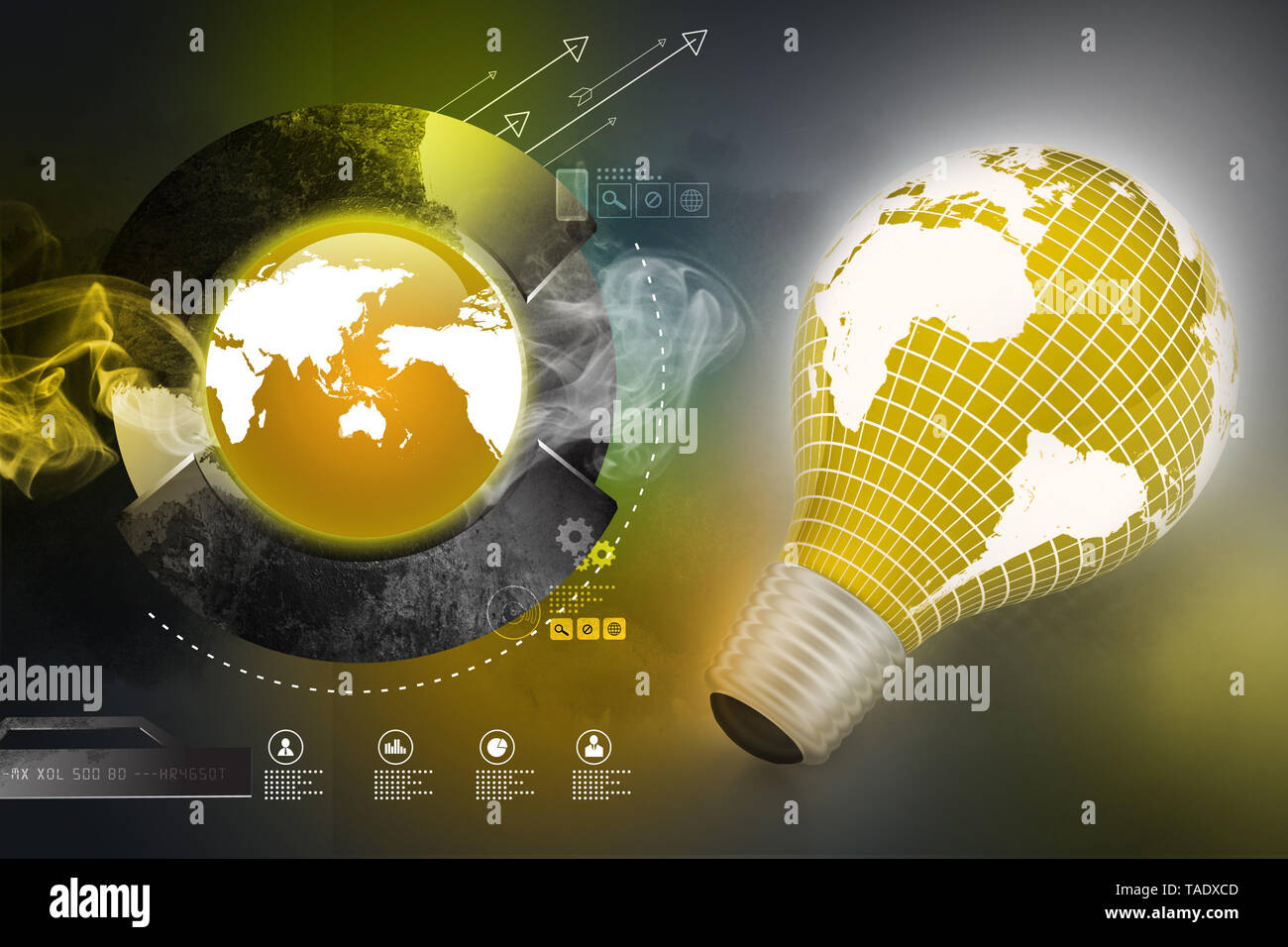 an electric light bulb with a world map Stock Photo - Alamy