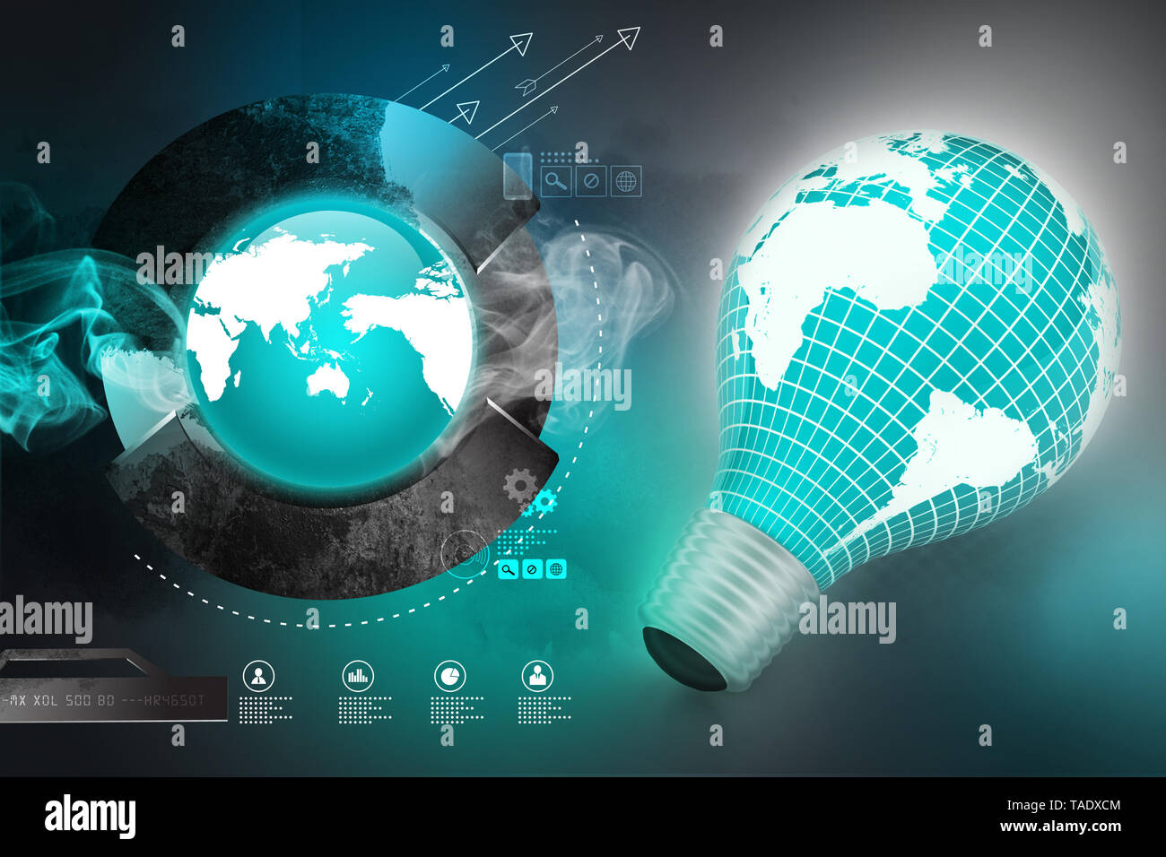 an electric light bulb with a world map Stock Photo - Alamy