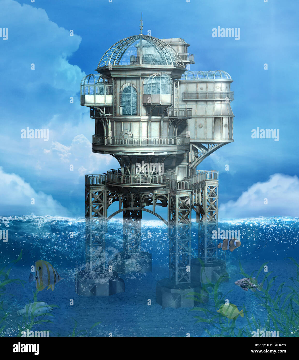 Steampunk oil plant in a fantasy seascape scenery Stock Photo - Alamy