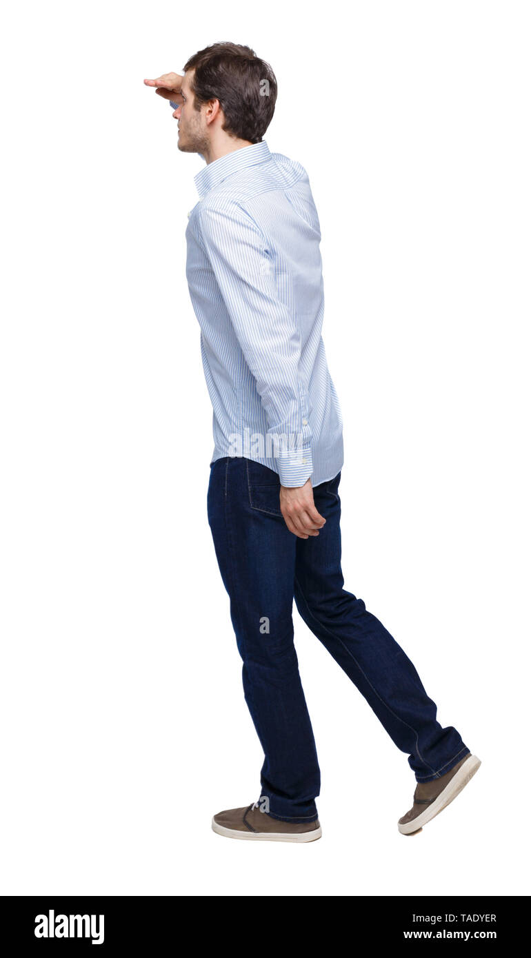 Side view of going handsome man. walking young guy . Rear view people ...