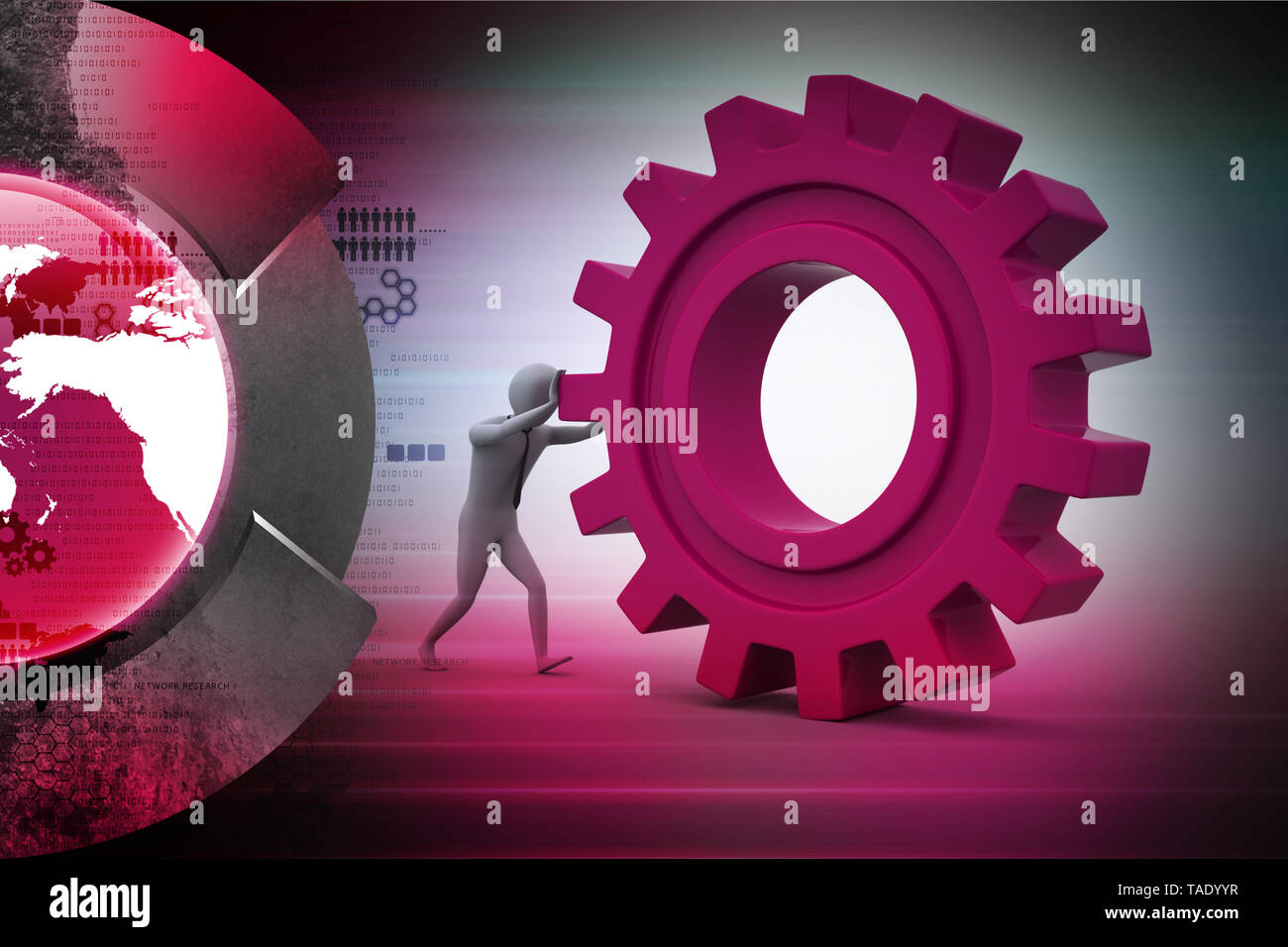 3d man pushing the gear Stock Photo - Alamy