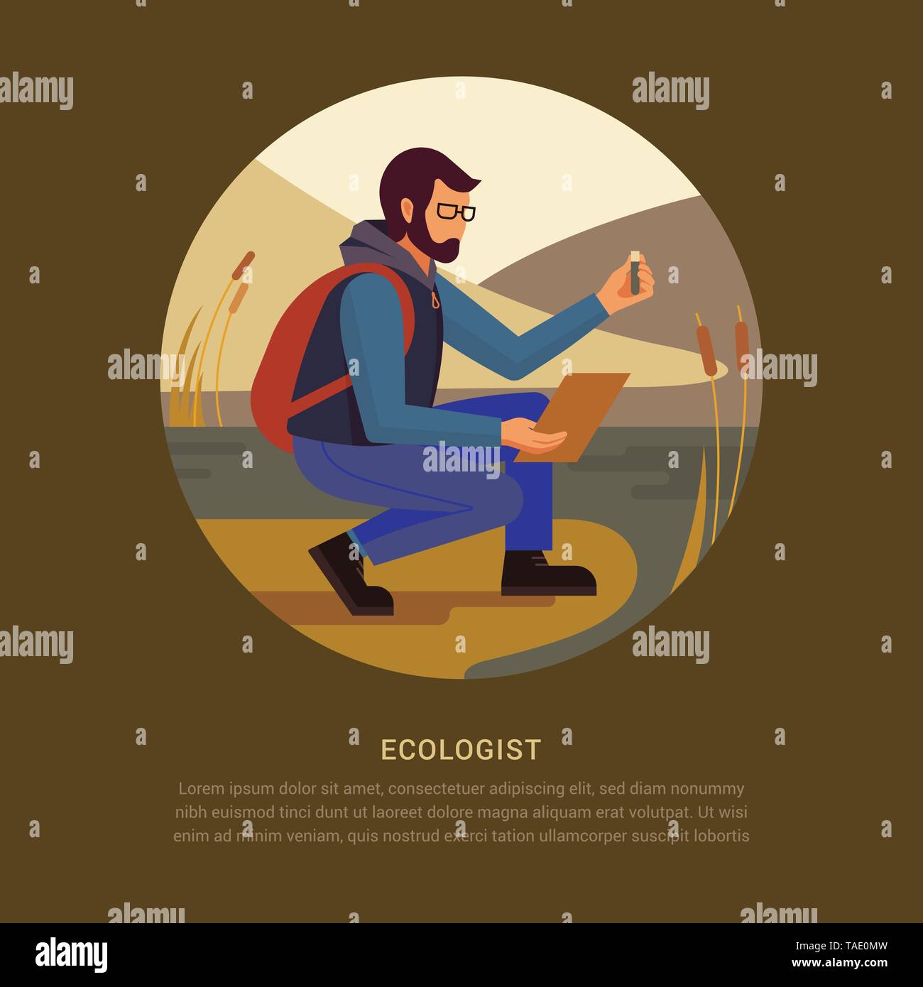 Design concept with an illustration of a ecologist in nature who takes ...