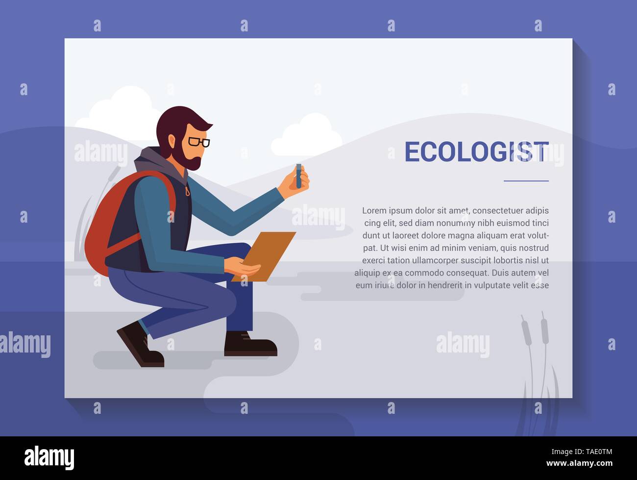 Design concept with an illustration of a ecologist in nature who takes ...