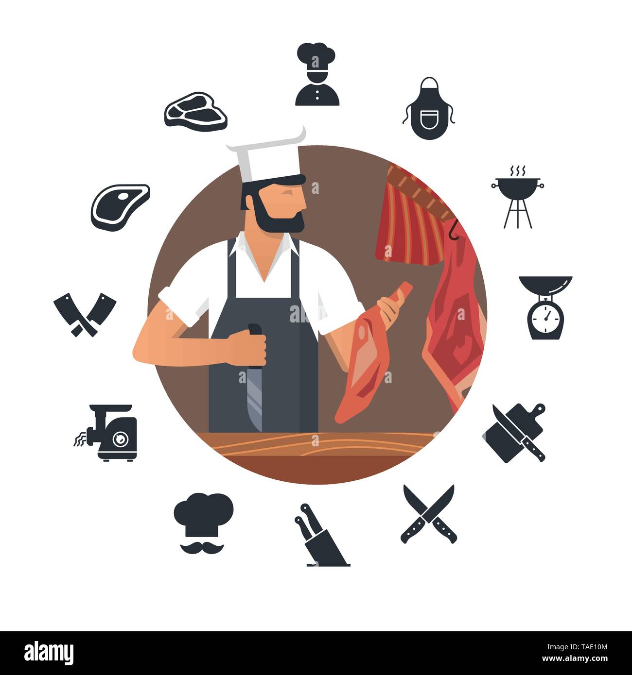 Vector illustration logo for butcher shop with bearded butchers at work ...