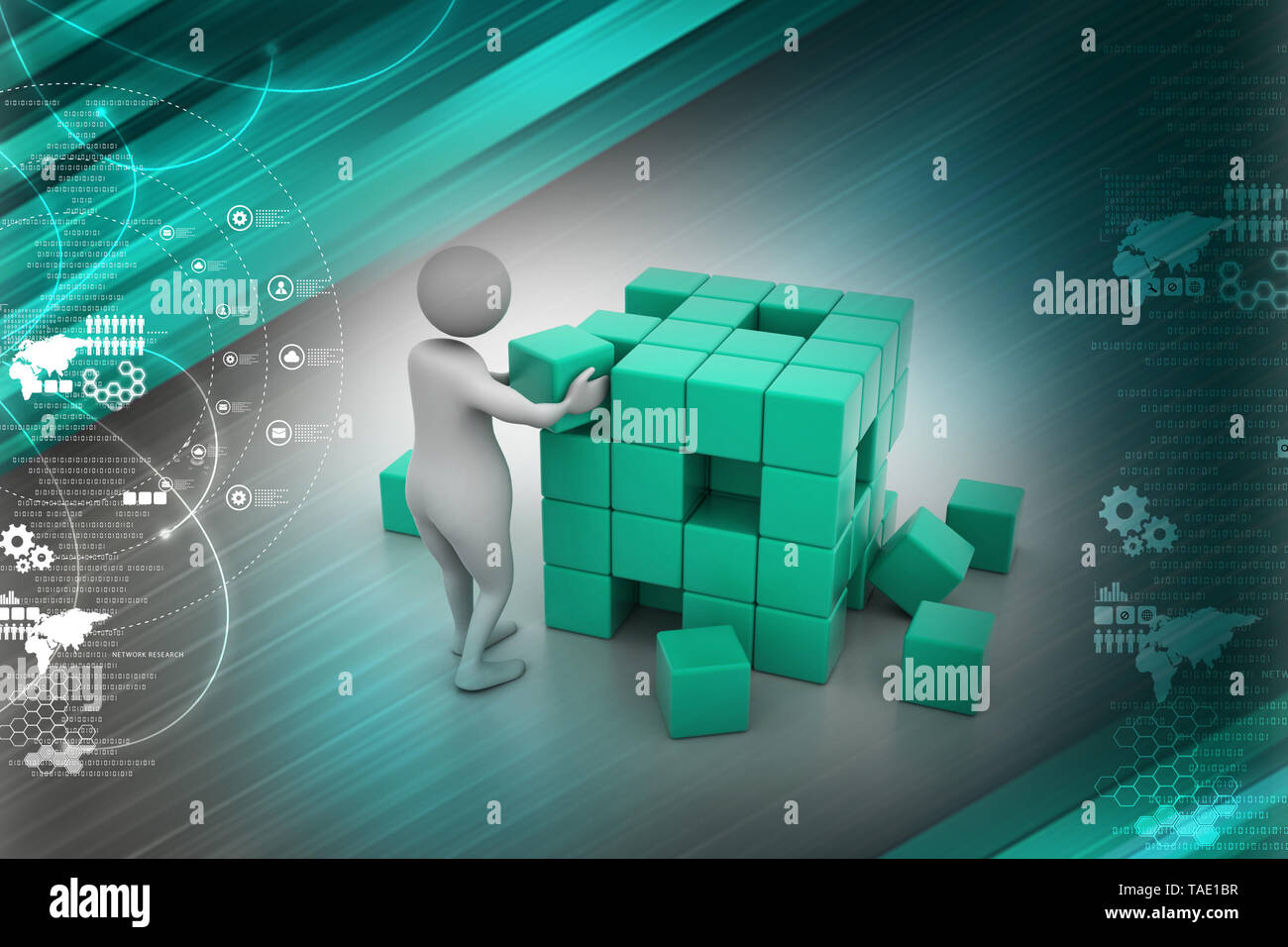 3d people - man, person pushing a cube Stock Photo - Alamy