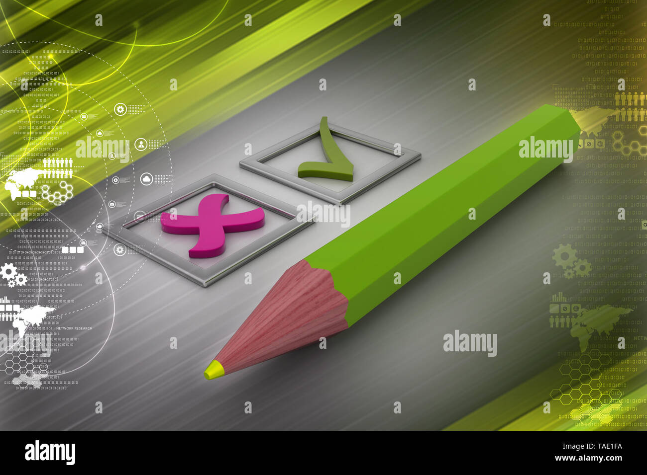 Check list. Green ticks in checkboxes and pencil Stock Photo - Alamy