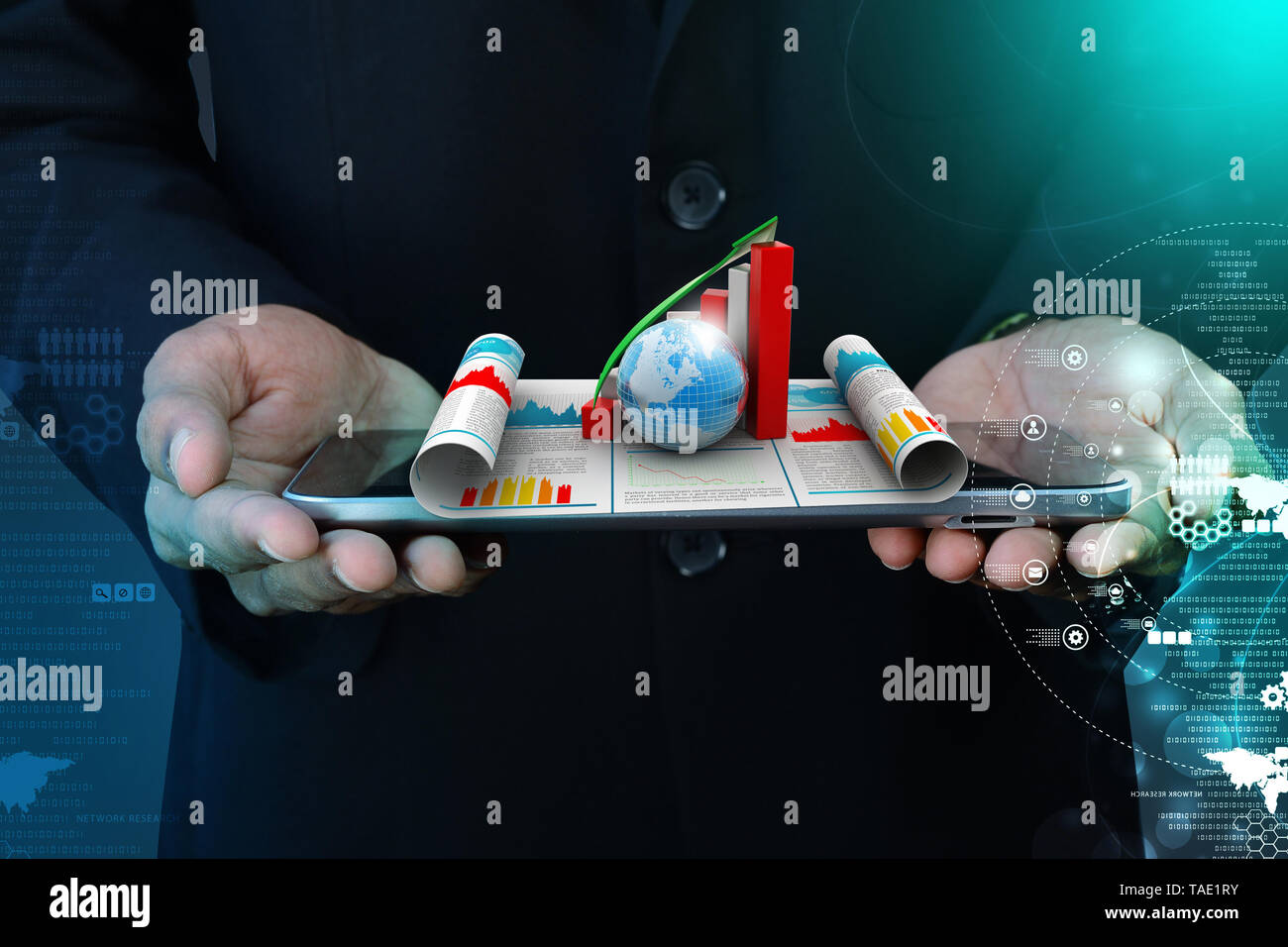 Business man showing growth graph and globe Stock Photo - Alamy