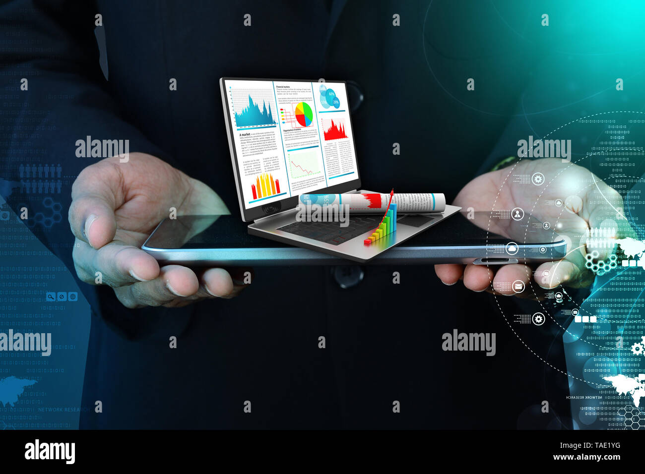 Business man showing financial report in laptop Stock Photo - Alamy