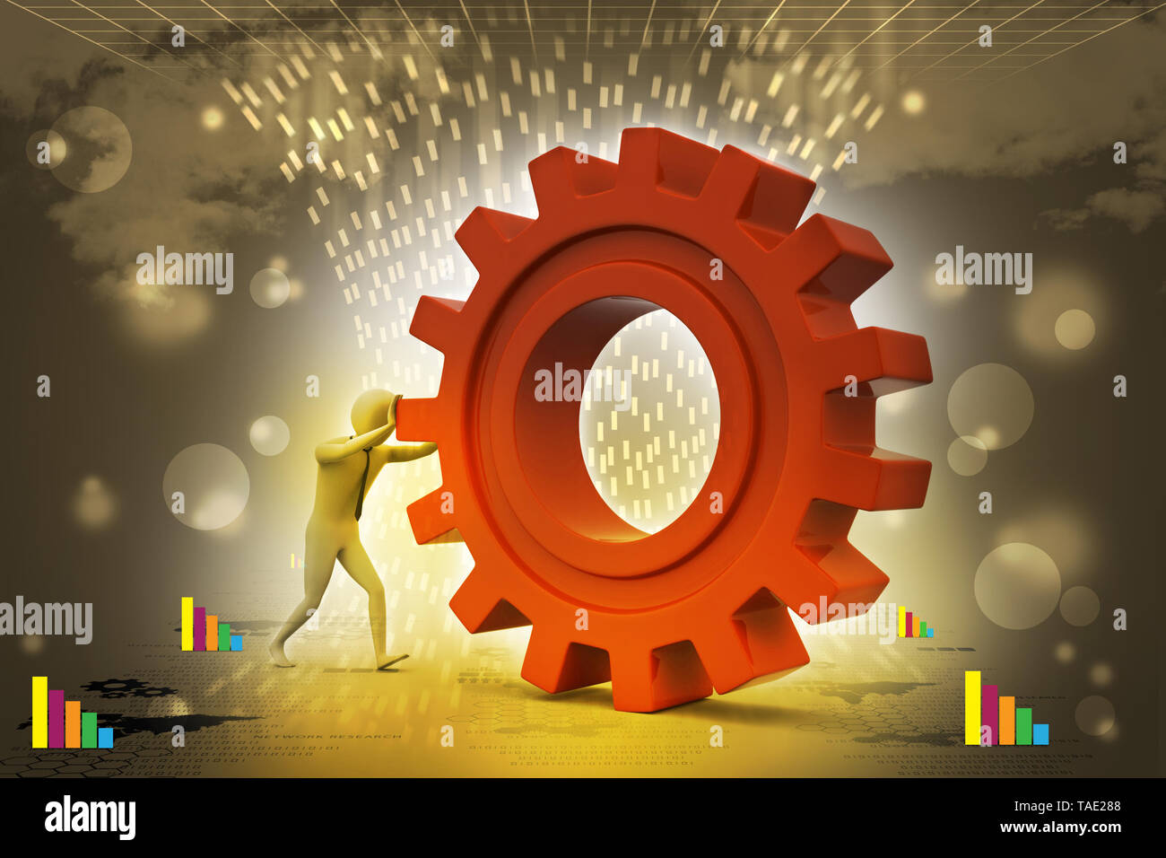 3d man pushing the gear Stock Photo - Alamy