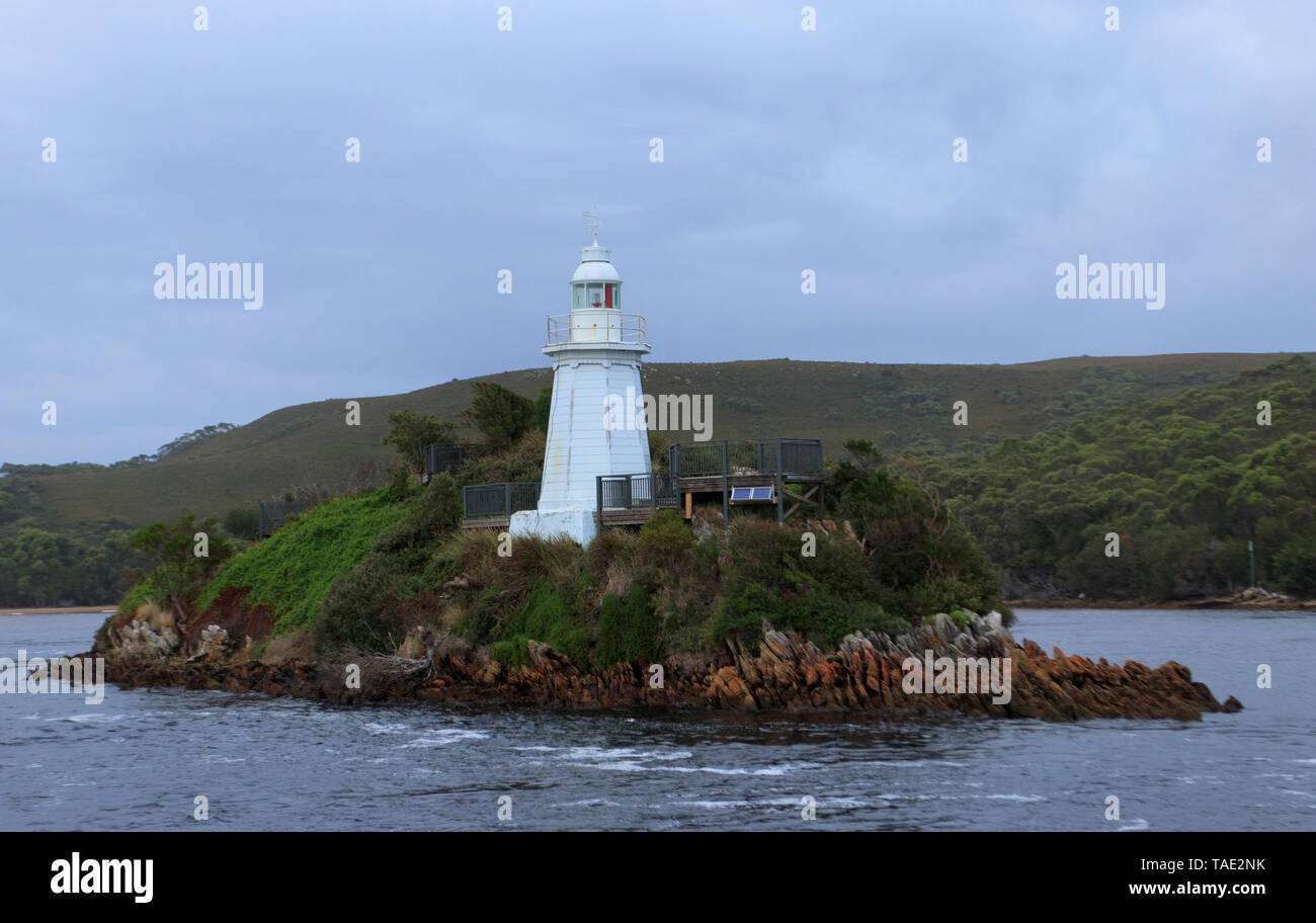 Bonnet Island lighthouse near Hell's Gate entrance to Macquarie Harbour ...