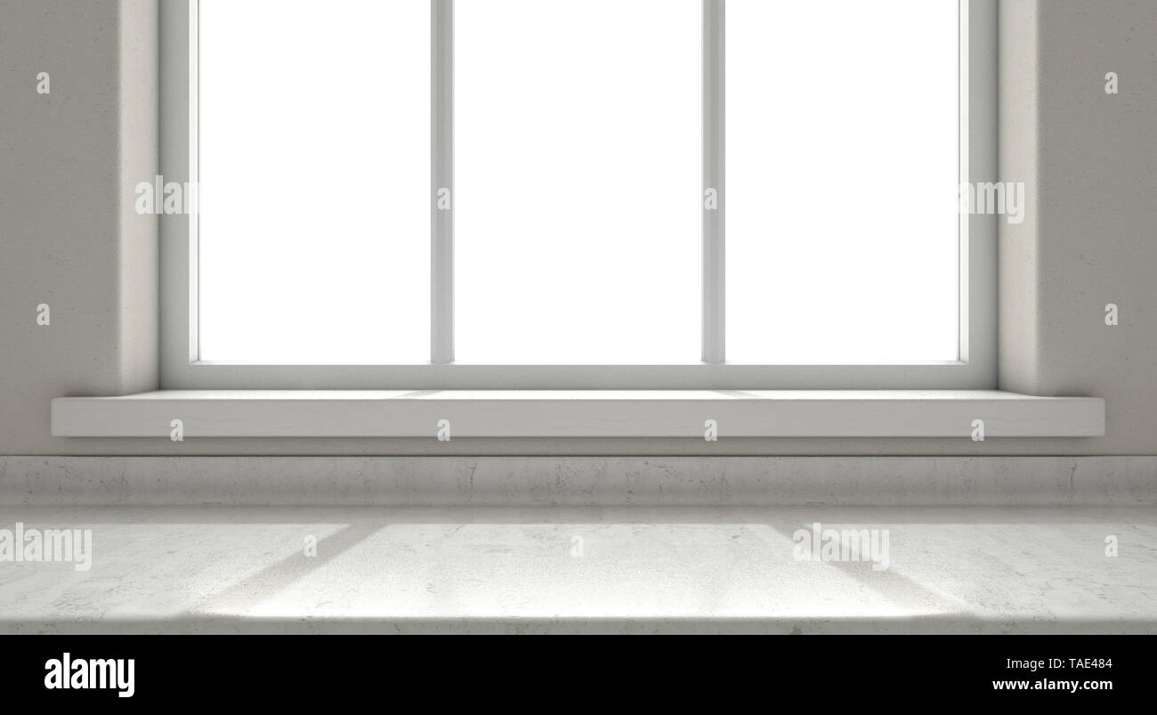 A closeup view of an empty kitchen countertop facing a window looking ...