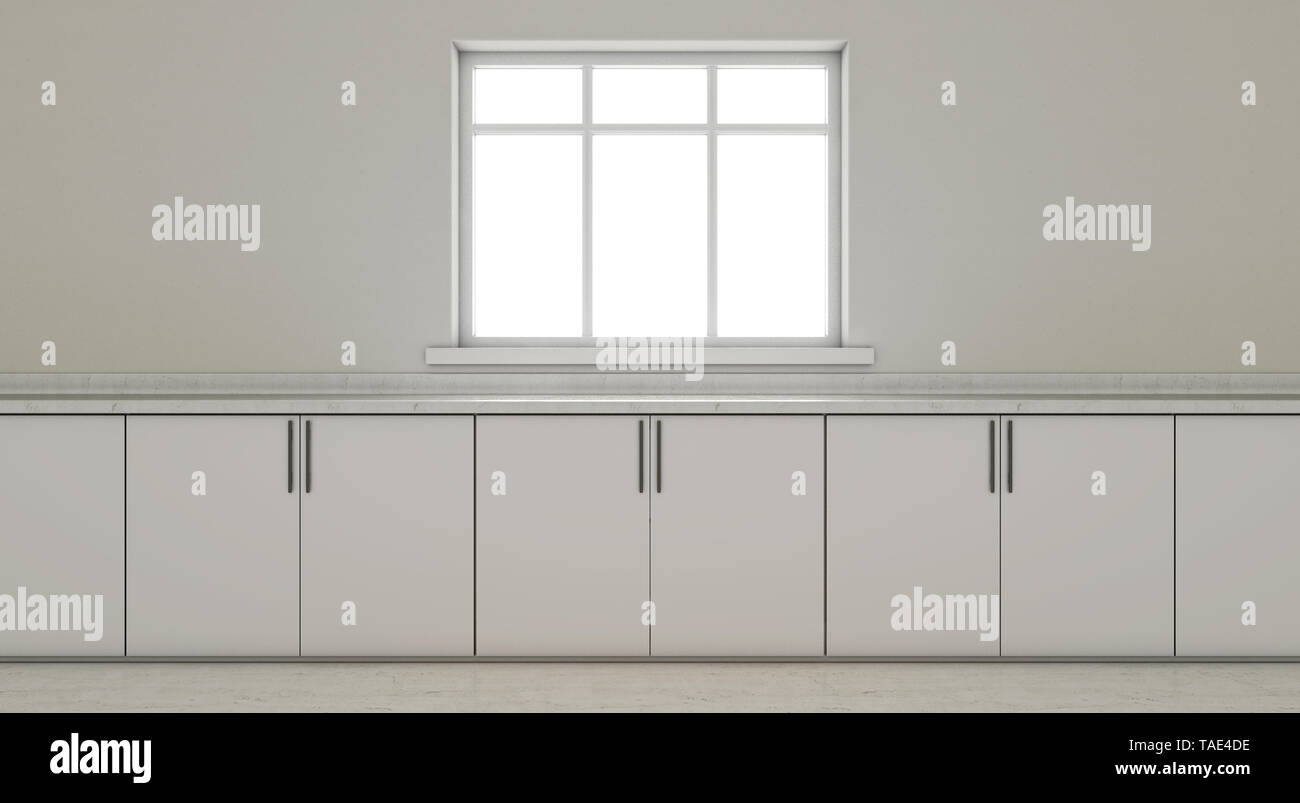 A closeup view of an empty kitchen countertop facing a window looking ...