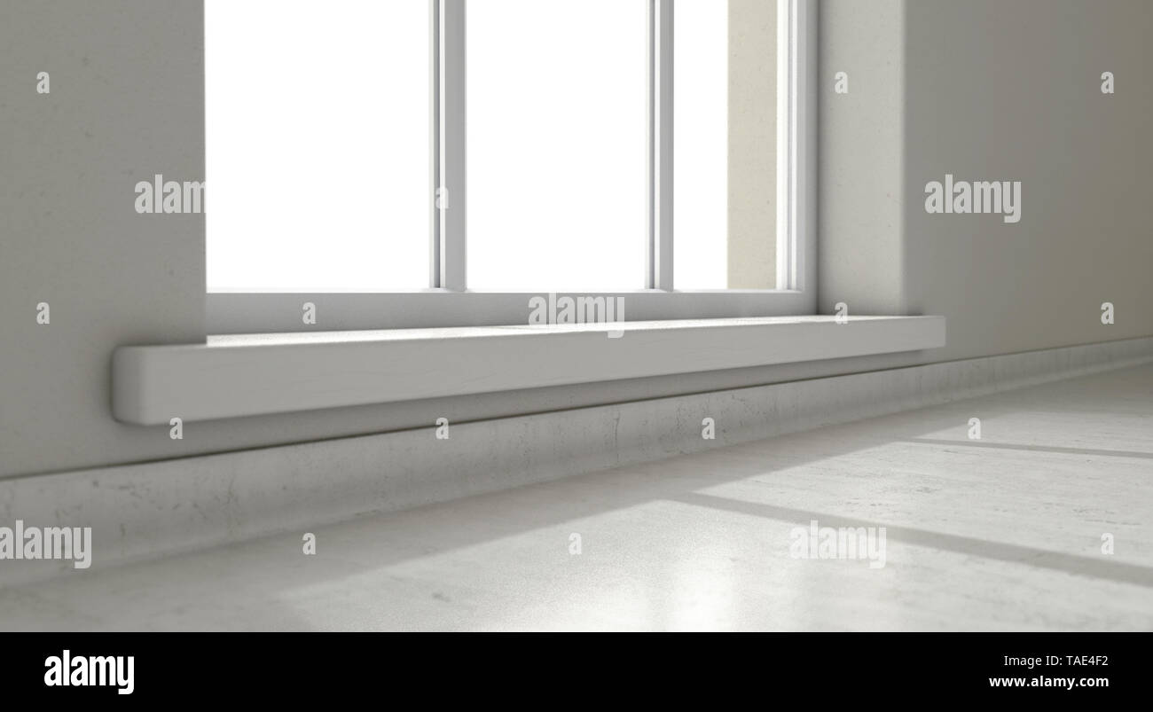 A closeup view of an empty kitchen countertop facing a window looking ...