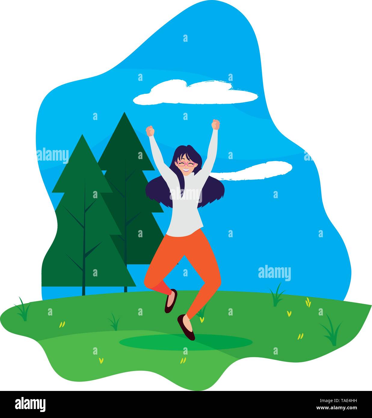 happy young woman celebrating in the camp vector illustration design ...