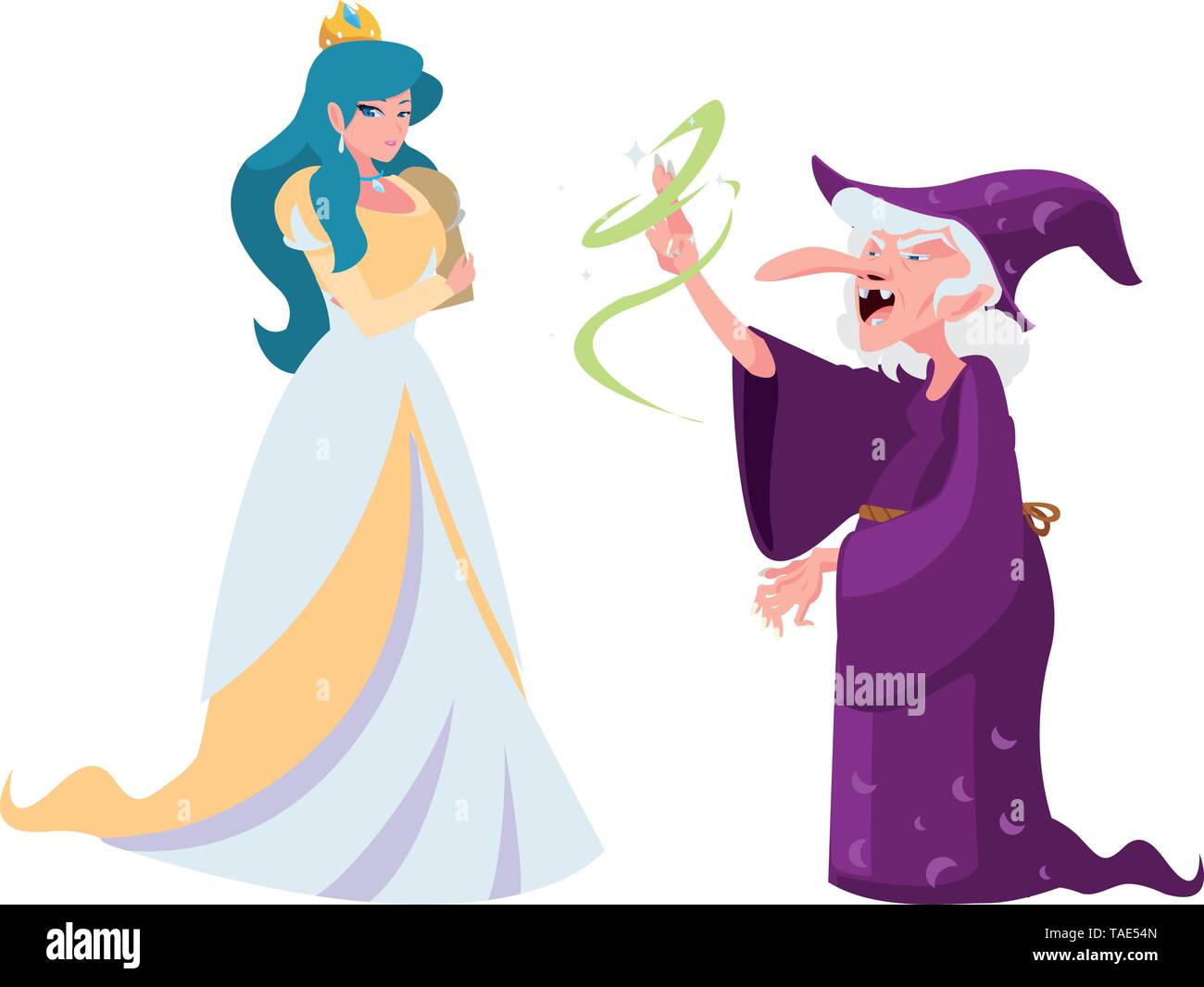 beautiful princess with witch of tales characters vector illustration ...