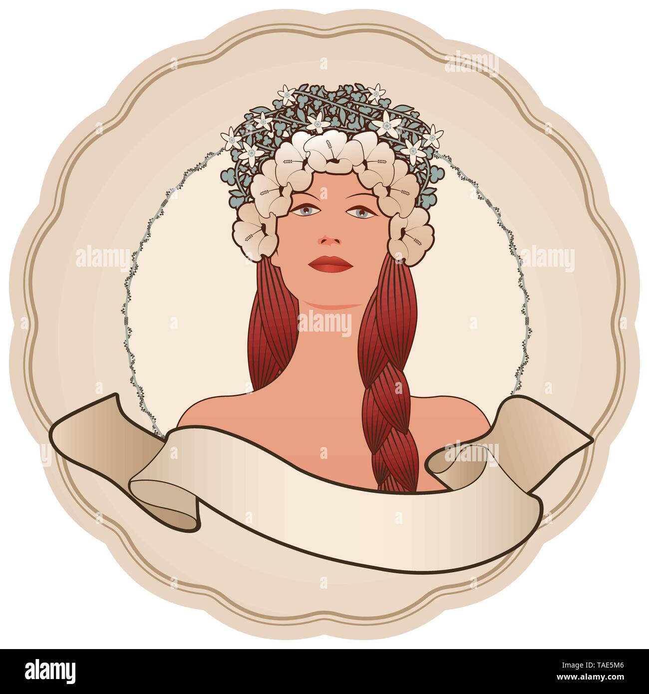 Circular retro label with pretty girl decorated with flowers and empty ...