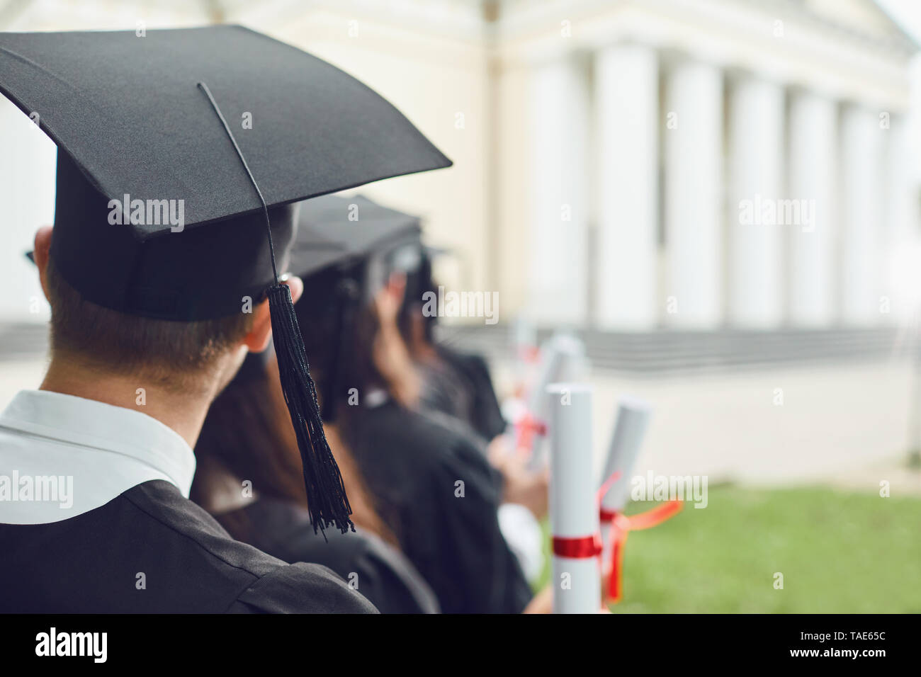 Cap graduate group graduates with scrolls of graduates back view ...