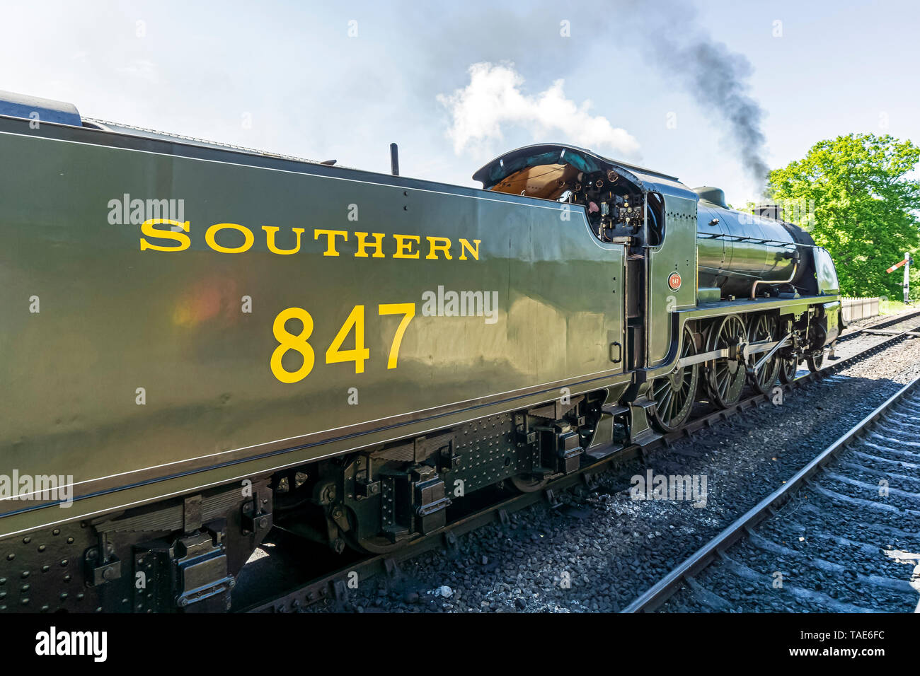 Ex Southern steam engine 847 at The Bluebell Railway at Sheffield Park ...