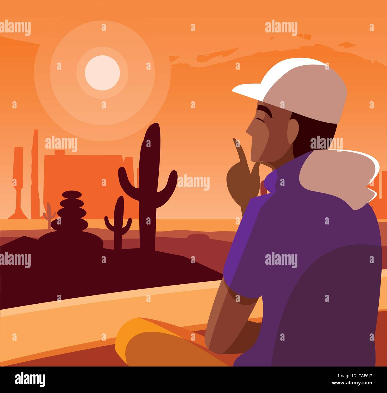 afro man seated observing desert landscape vector illustration design ...