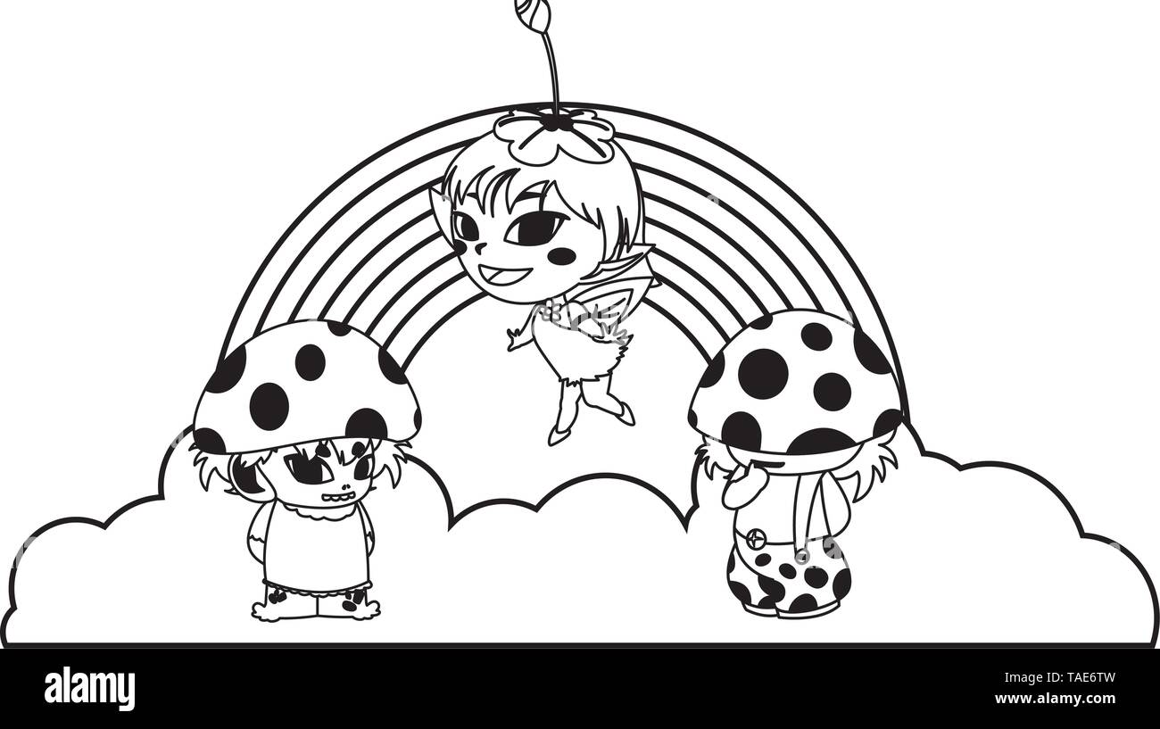 fungus elfs and fairy with rainbow vector illustration design Stock ...