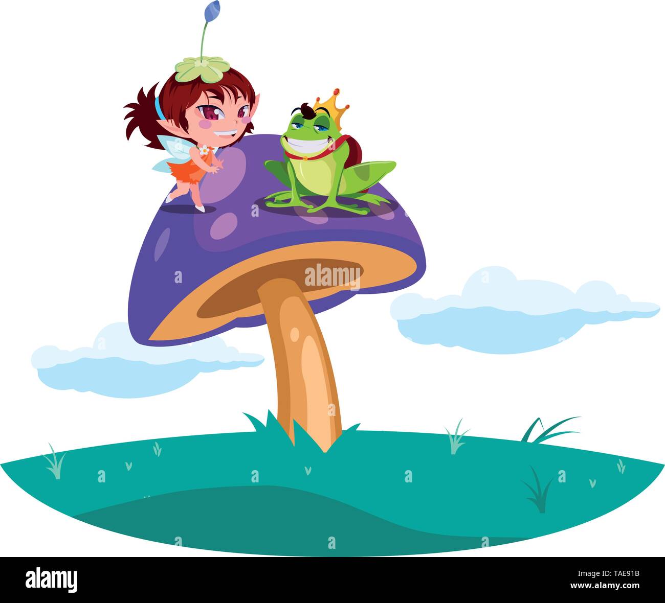 beautiful magic fairy with toad prince in the garden vector ...