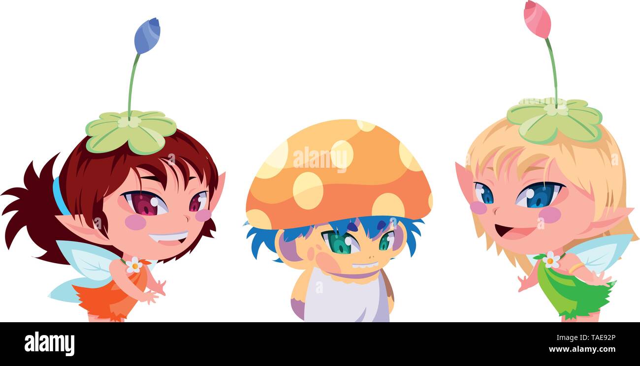 beautiful magic fairies with fungu elf characters vector illustration ...