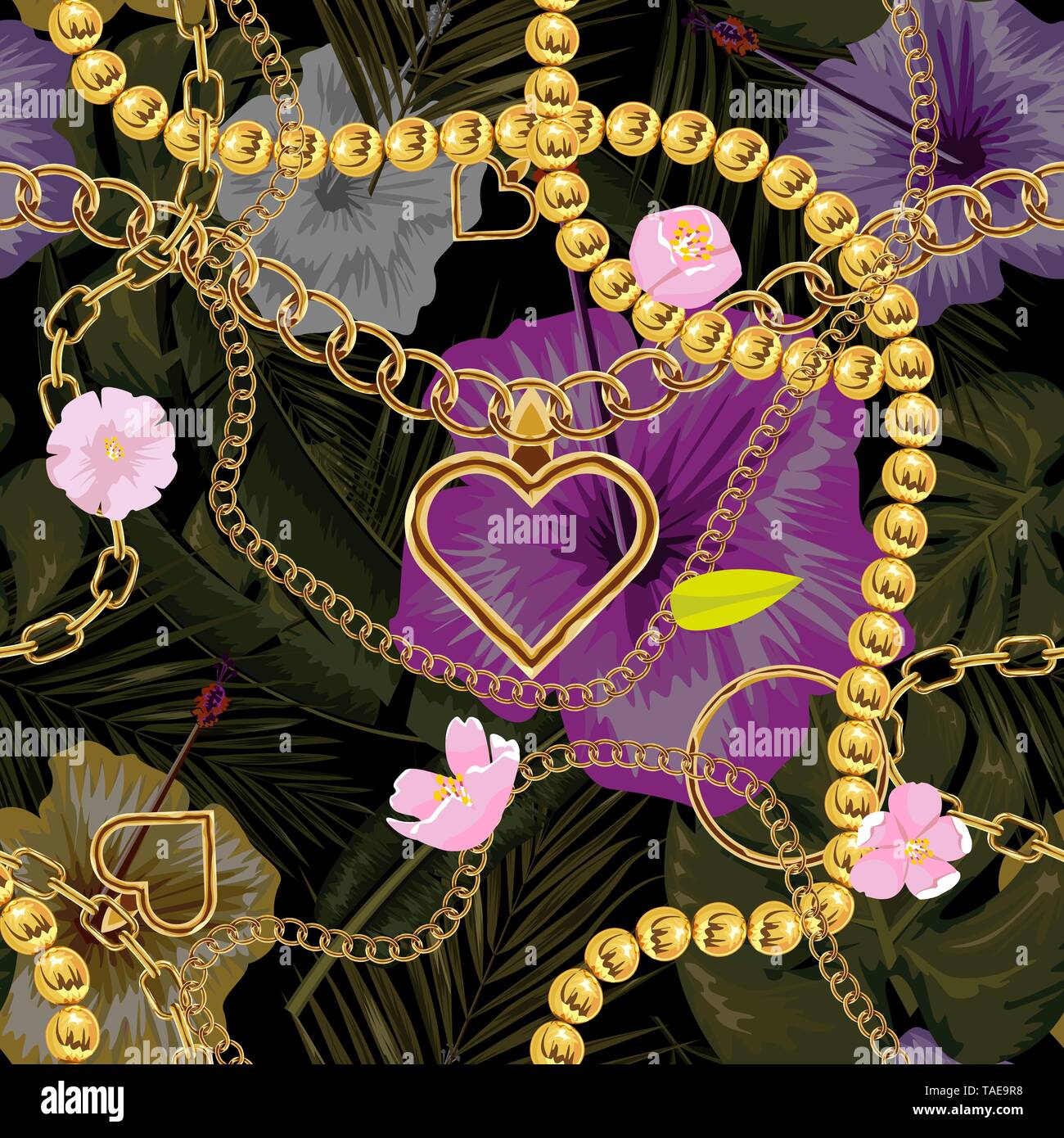 Cute chain texture seamless with tropical flower and leaf pattern. Flat ...