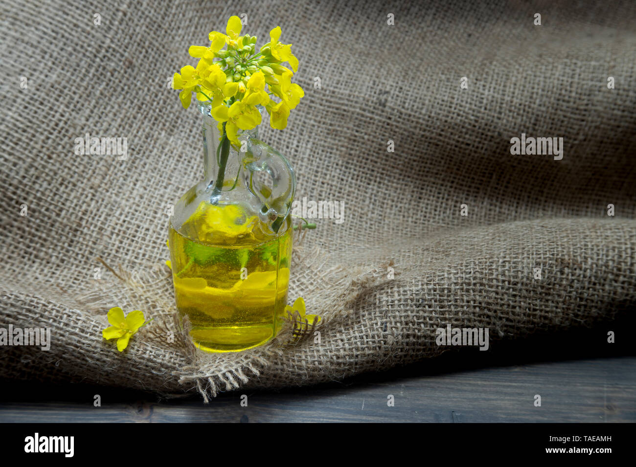 Yellow canola or rapeseed flowers with a small glass decanter of oil on ...