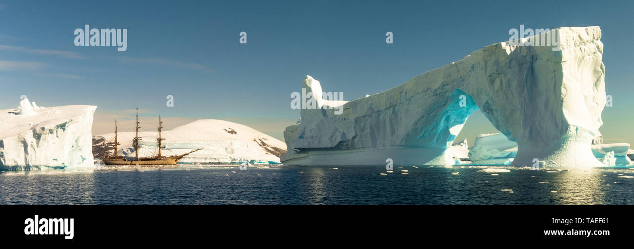 The old Bark Europa rig sails between icebergs in Salpêtriere Bay ...