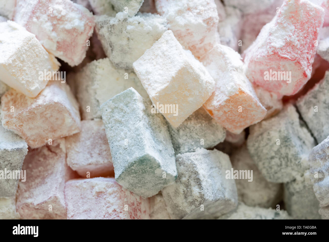 Turkish delight colorful pieces in powdered sugar. Rahat lokum ...