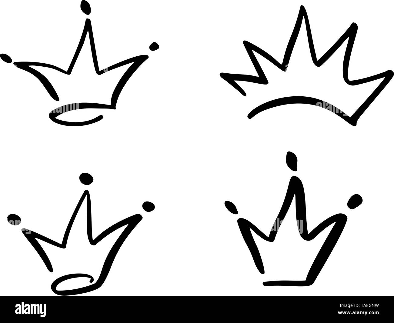 Set of hand drawn symbol of a stylized crown. Drawn with a black ink ...