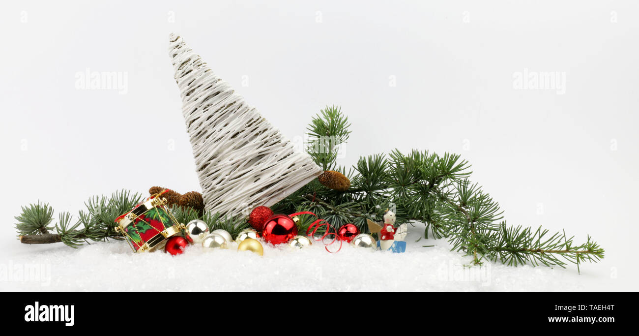 Merry Christmas Greetings card. Top view of Christmas decorations on ...