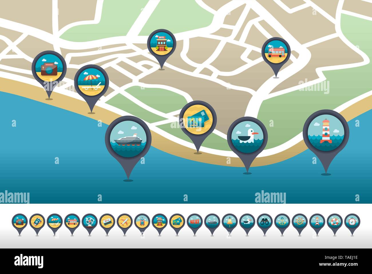 Traveling vector pin map icon located on the map. Summer time Map ...