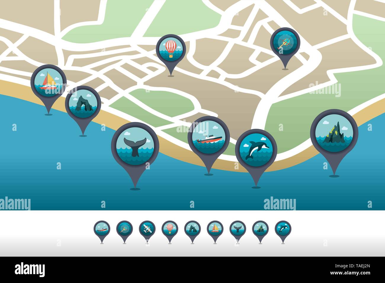 Excursion sea vector pin map icon located on the map. Summer time Map ...