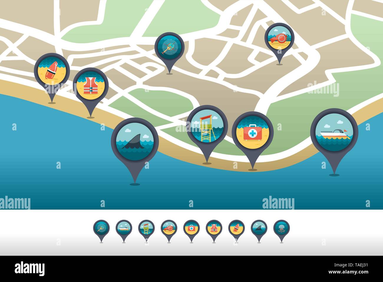 Lifeguard beach safety vector pin map icon located on the map. Summer ...