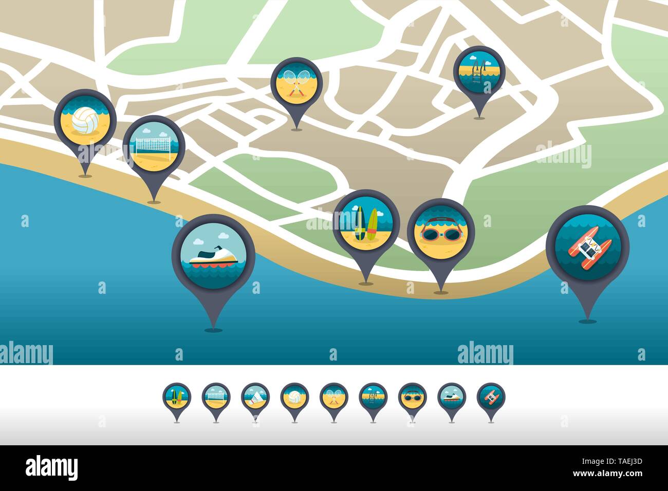 Beach activity vector pin map icon located on the map. Summer time Map ...