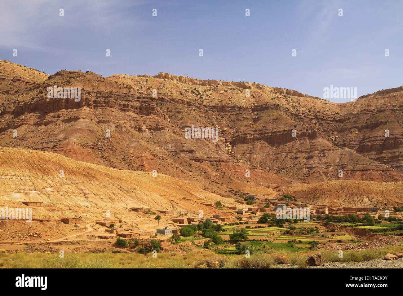 Old berber village oasis with houses build of clay bricks in front of ...