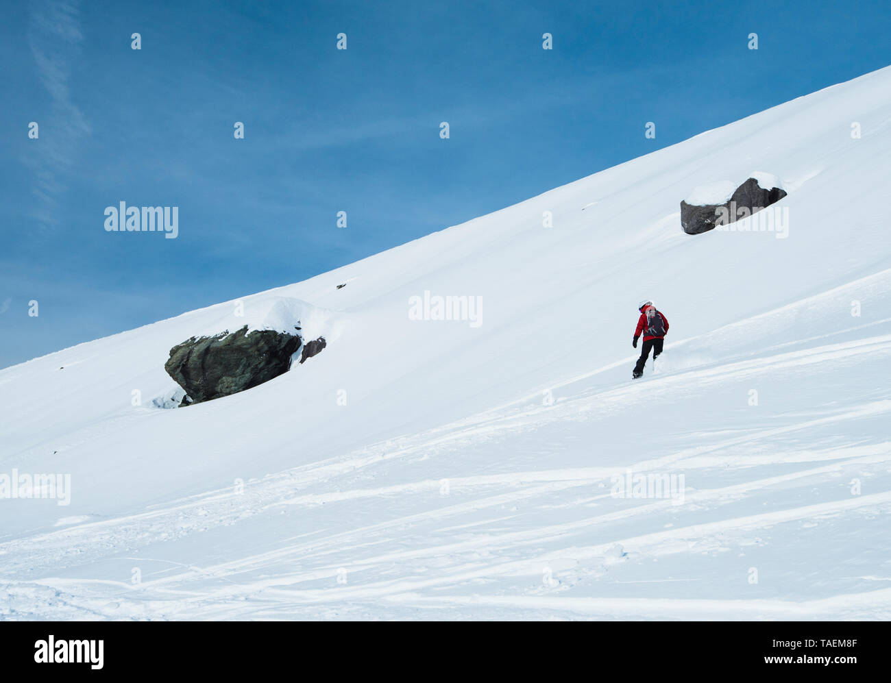 Panoramic landscape view with off piste skiers going down a slope in ...