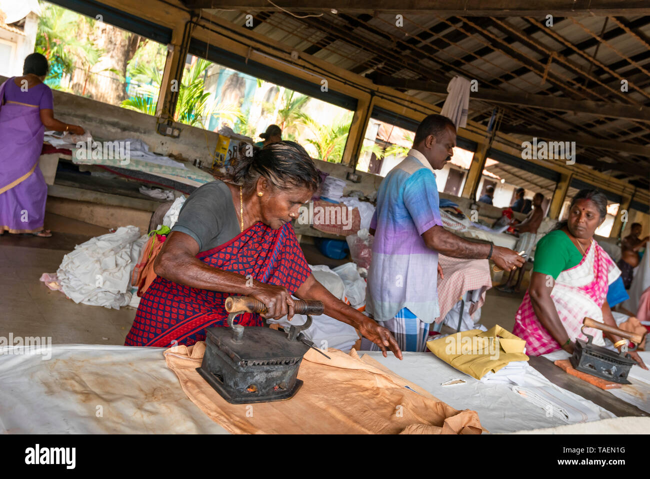 Horizontal portrait of dhobi wallahs ironing and folding clean clothes ...