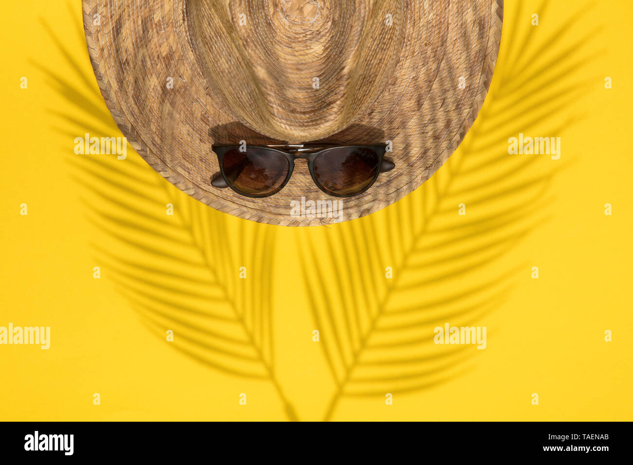 Summer holiday composition. Straw hat, sunglasses and tropical palm ...