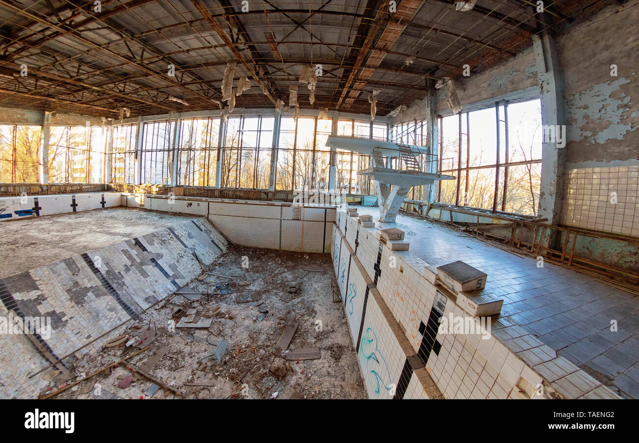 At the Azure Swimming Pool, Pripyat, Ukraine, inside the Chernobyl ...