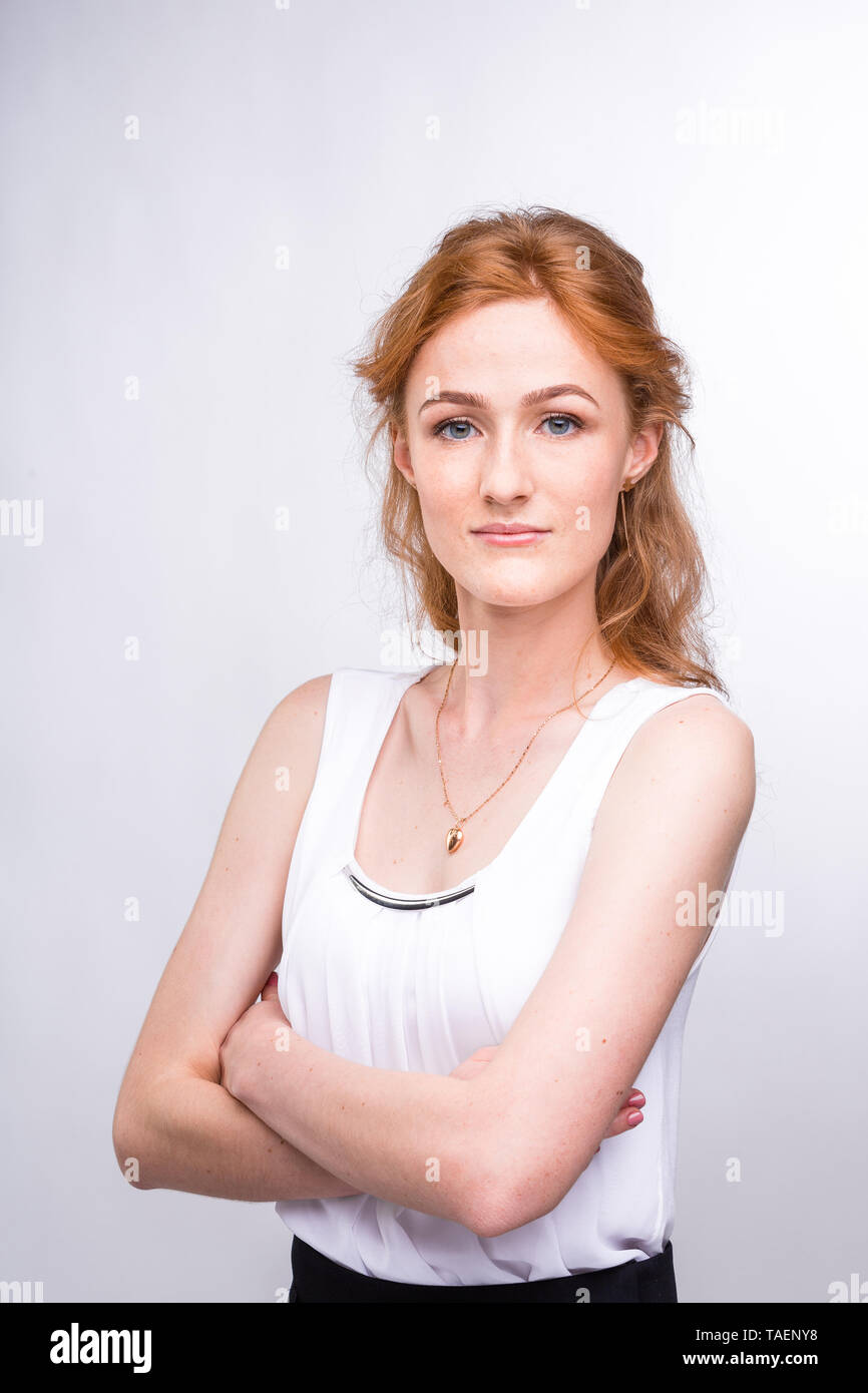Portrait of a beautiful young woman of European, Caucasian nationality ...