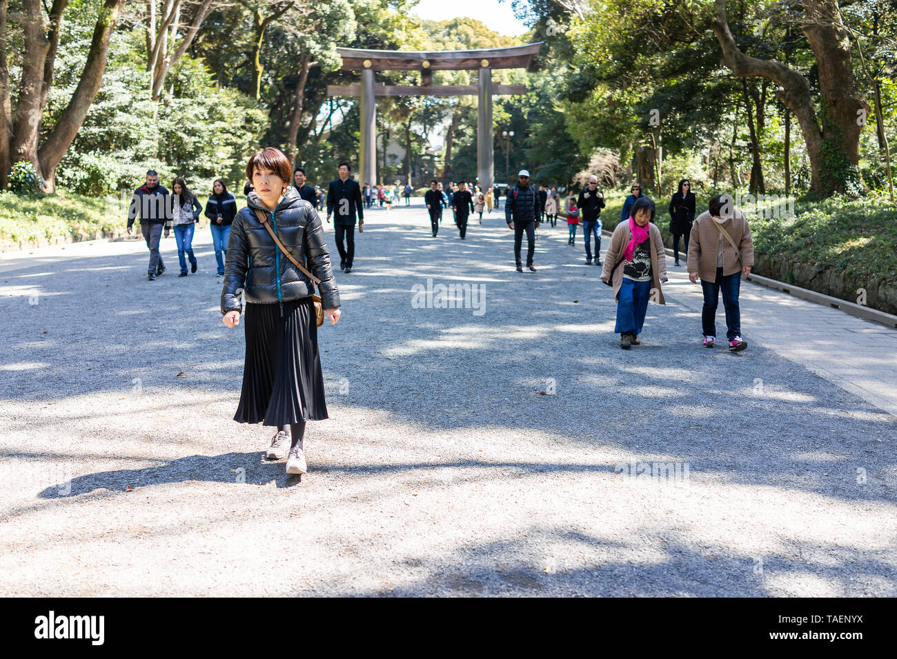 Tokyo, Japan - April 3, 2018: Meiji shrine gate entrance with green ...