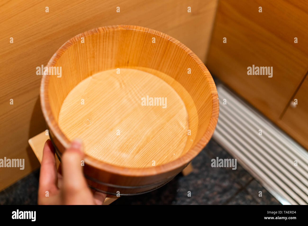 Cypress bathtub wooden traditional Japanese bucket by water stool in ...