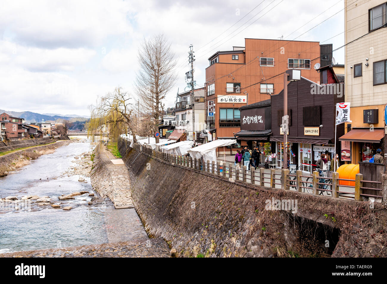 Takayama, Japan - April 8, 2019: Hida Miyagawa river in Gifu prefecture ...