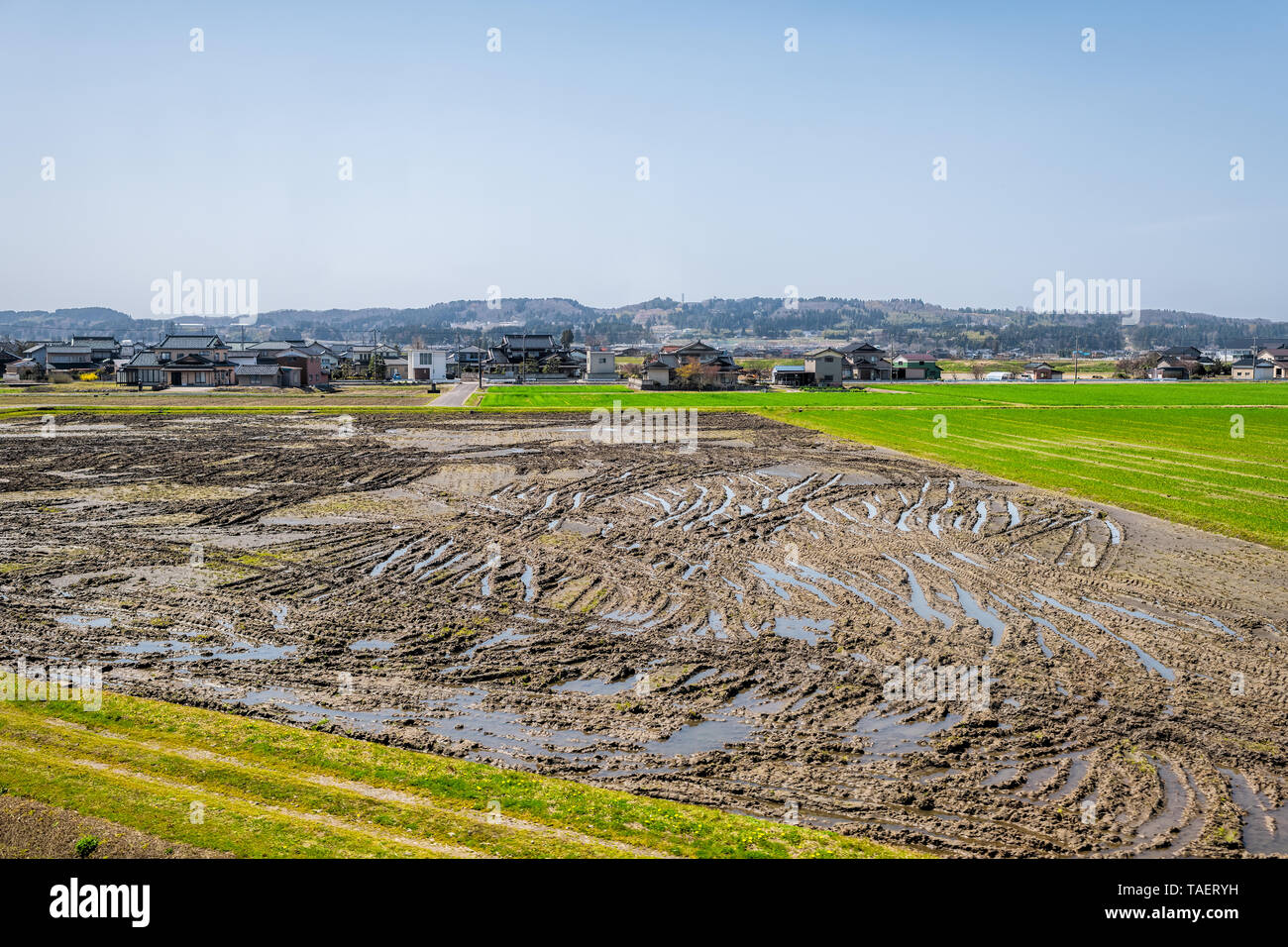 Toyama, Japan countryside with view of farmland in rural area in Gifu ...