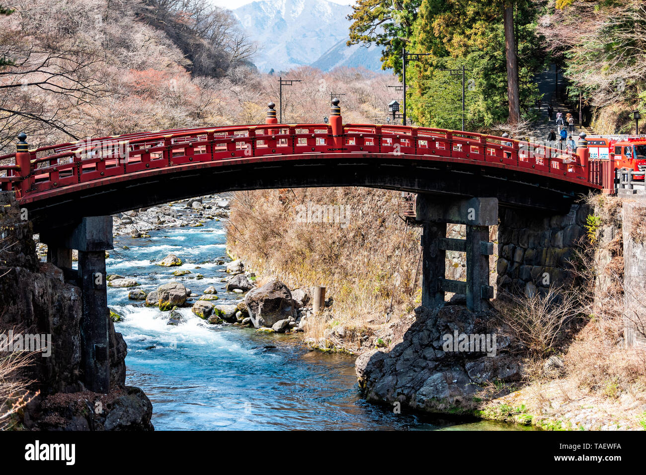 Nikko, Japan - April 4, 2019: View on mountains and famous red bridge ...