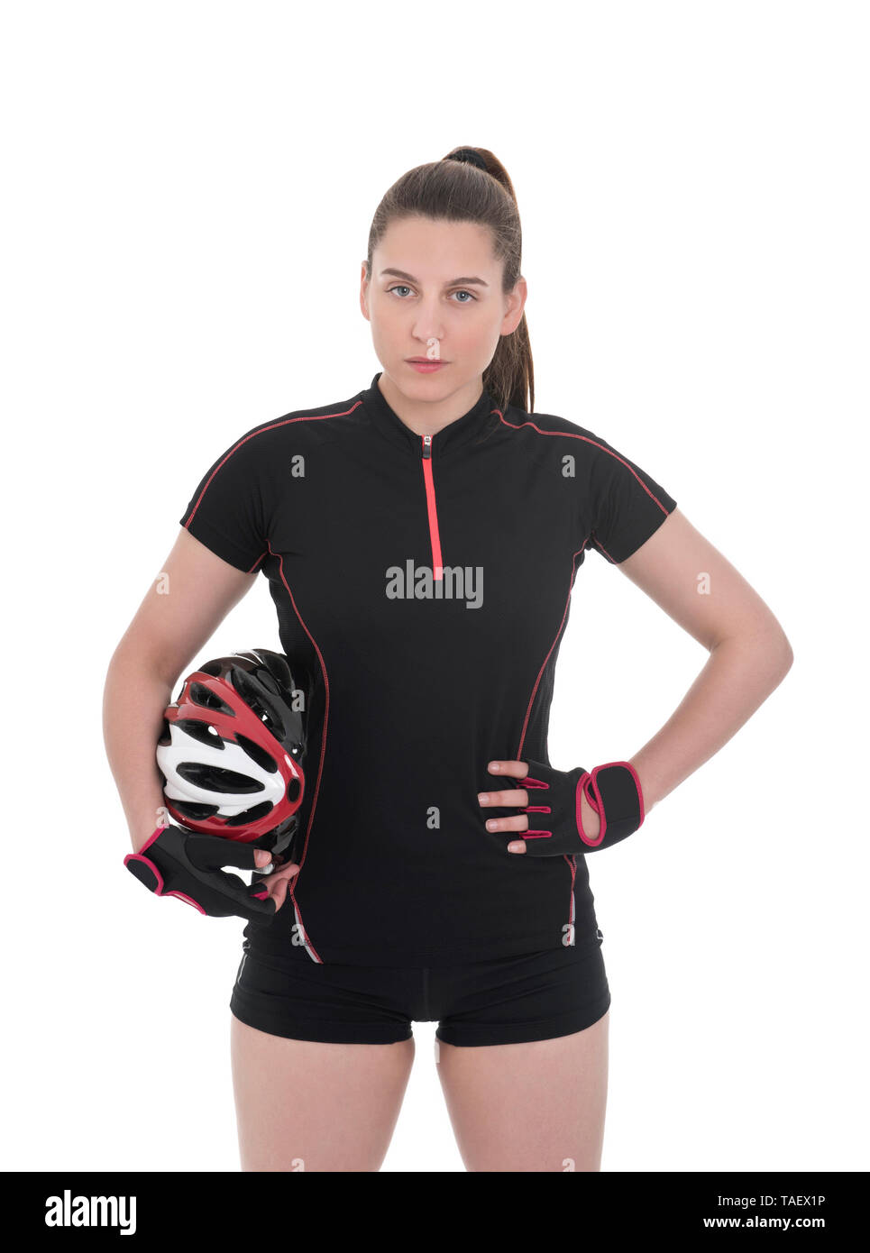 Girl holding cycle helmet on a white background Stock Photo - Alamy